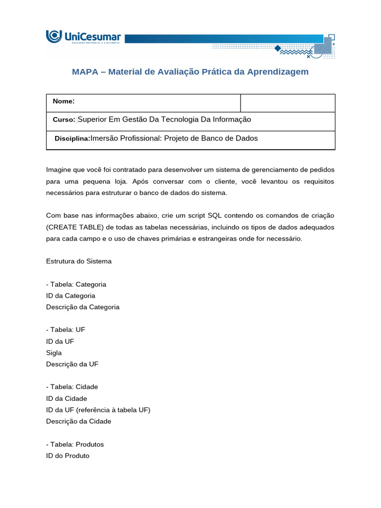 MAPA Imersão Profissional Projeto de Banco de Dados | PDF | Tabela ...