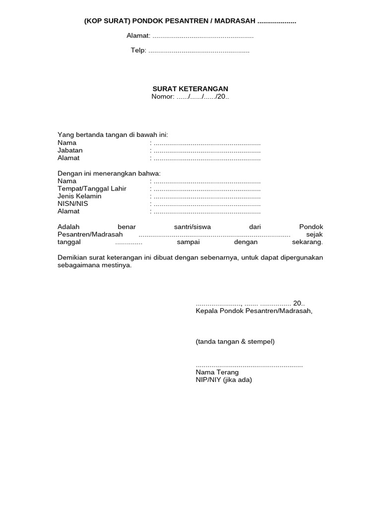 Surat Keterangan Santri Siswa | PDF