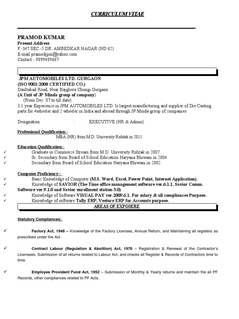 Pramod Kumar: Curriculum Vitae | PDF | Employment | Labor