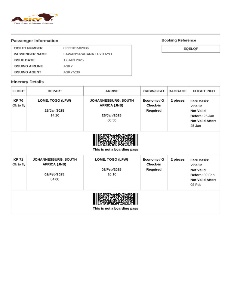Electronic Ticket Receipt, January 25 for RAHANAT EYITAYO LAWANY | PDF ...