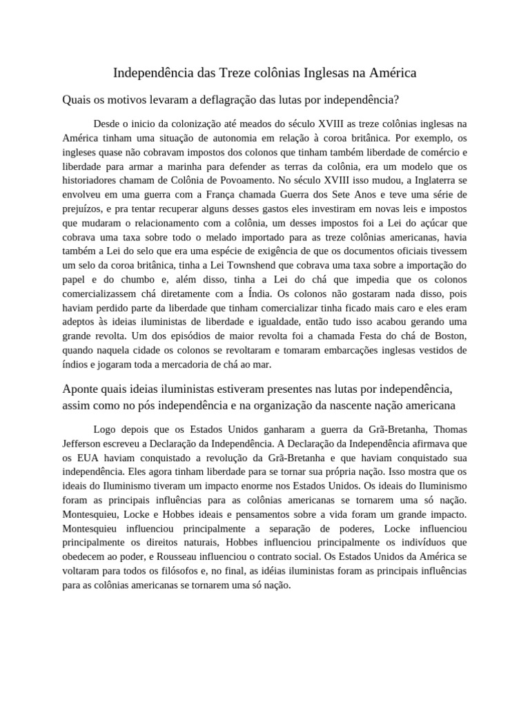 Independência Das Treze Colônias Inglesas Na América | PDF | Treze ...