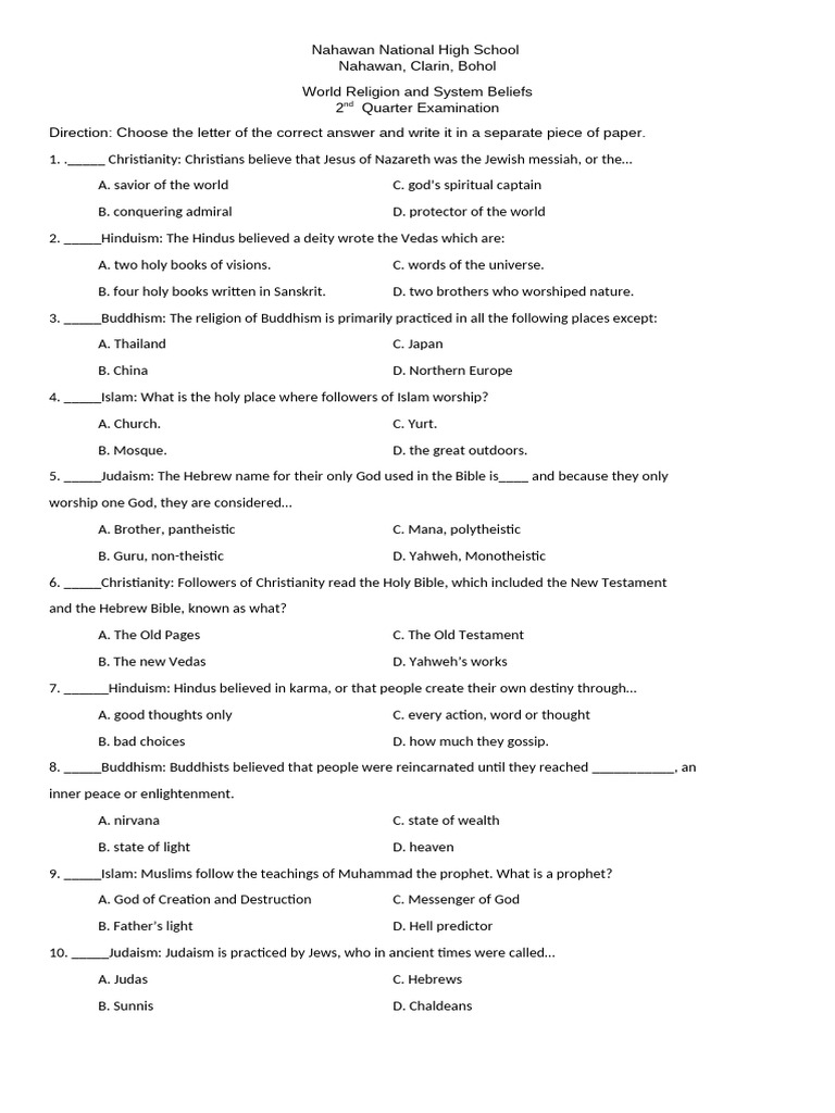 World Religions Exam Questions | PDF | Tao | Shinto