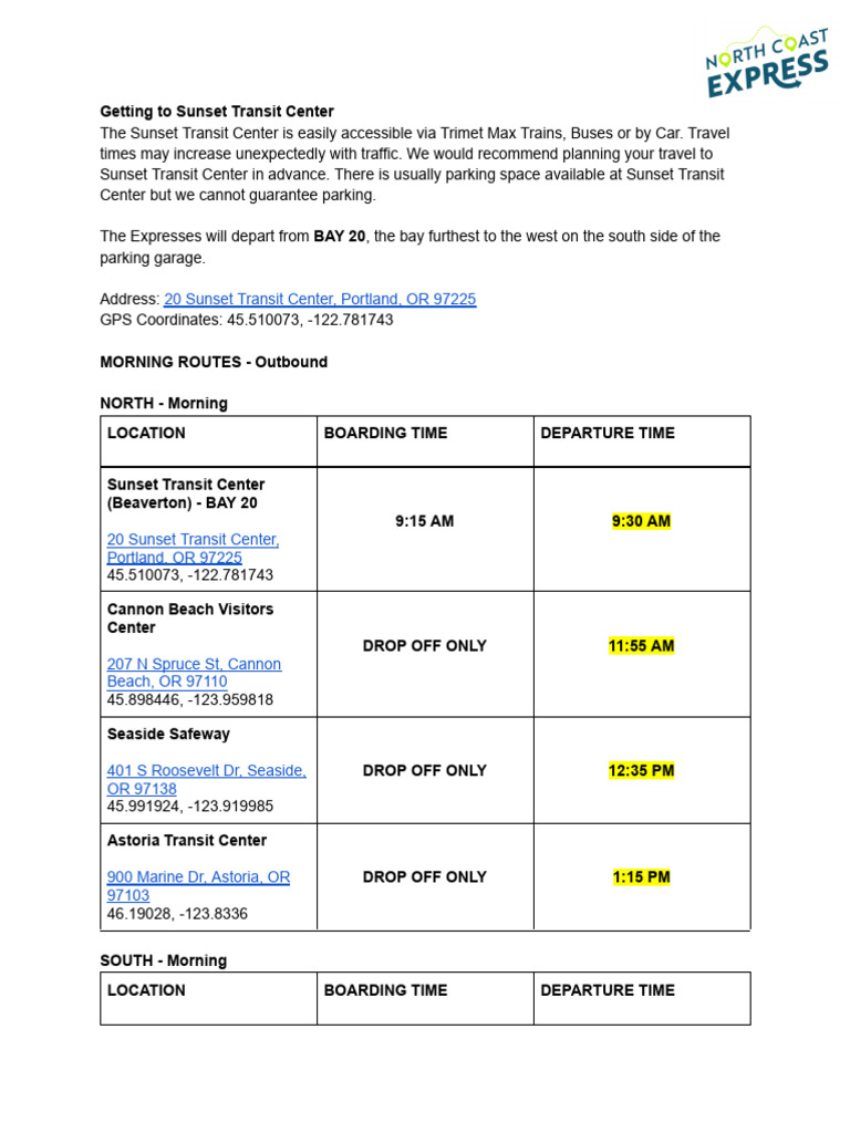 2025 North Coast Express Route Schedules | PDF | Portland | Public ...