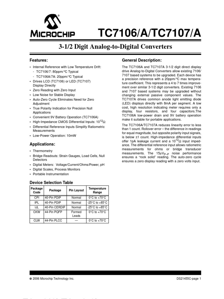 TC7106/A/TC7107/A: 3-1/2 Digit Analog-to-Digital Converters | PDF ...