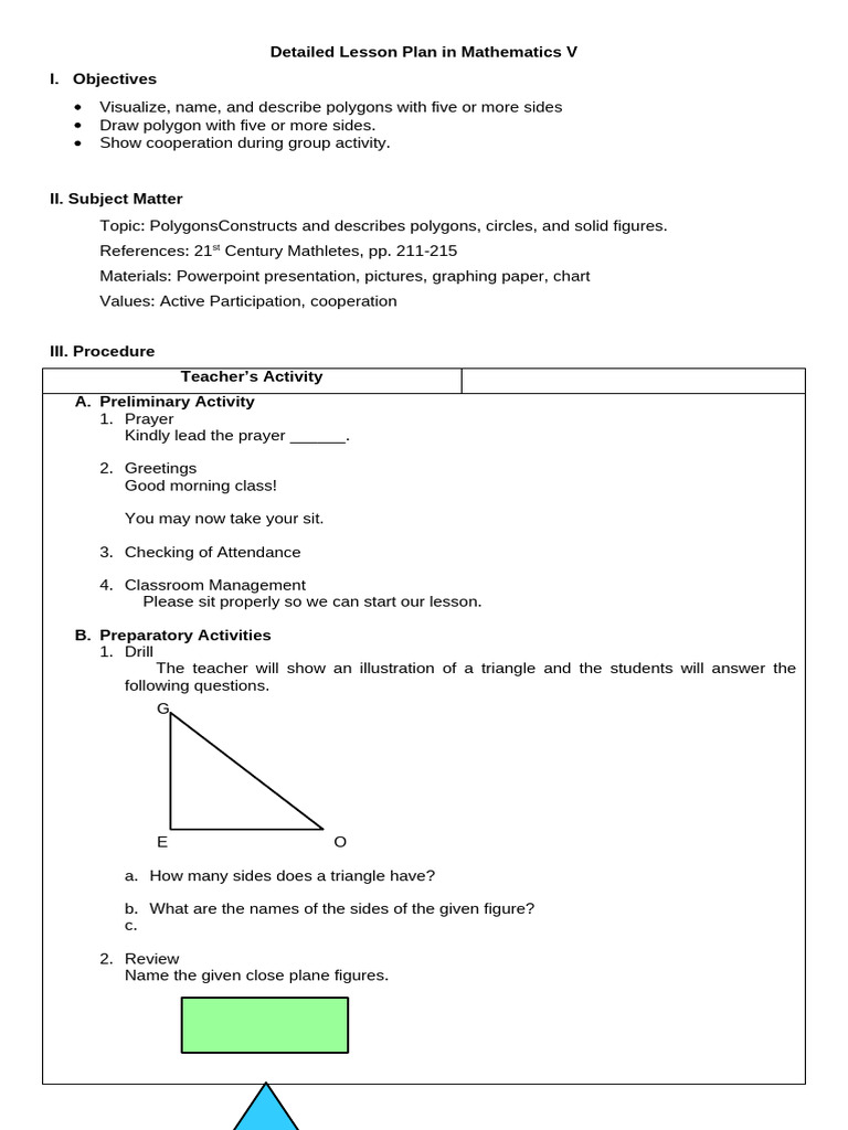 Detailed Lesson Plan in Mathematics V Polygon - 024722 | PDF | Polygon ...