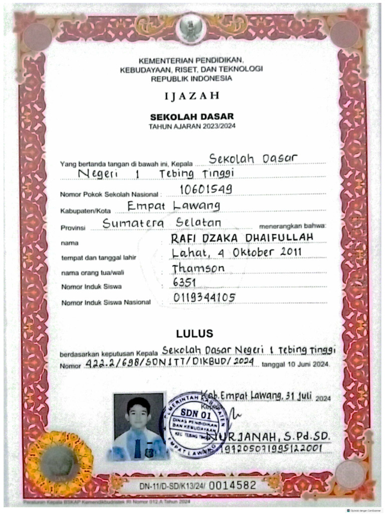 Ijazah Rafi Dzaka Dhaifullah | PDF