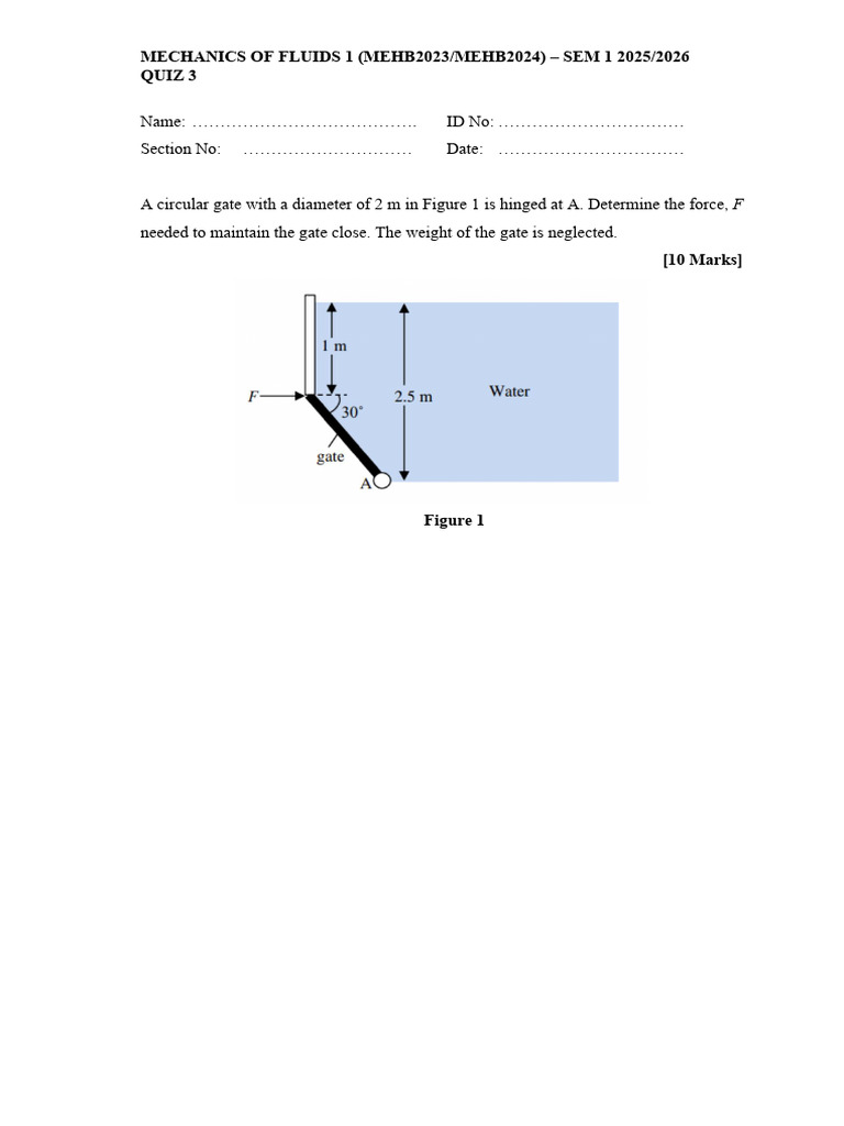 Fluid Mechanics Quiz 3: Circular Gate Force | PDF