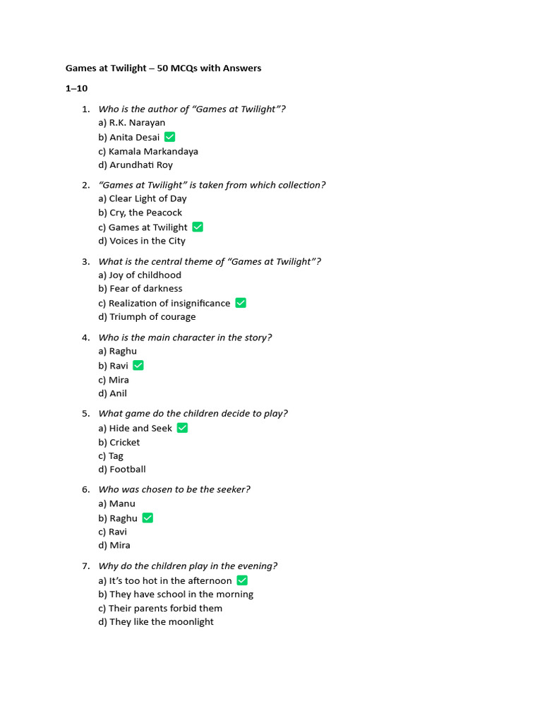 MCQ Question Games at Twilight Anita Desai | PDF