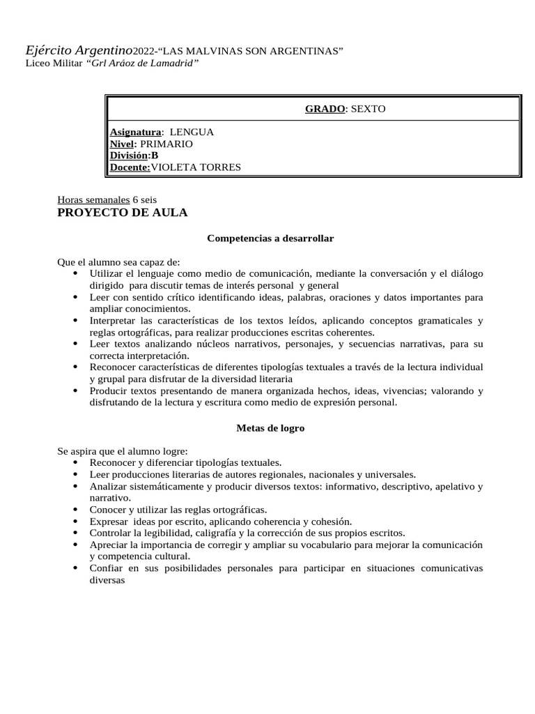 2024 6to Proyecto Lengua | PDF | Comprensión lectora | Adjetivo