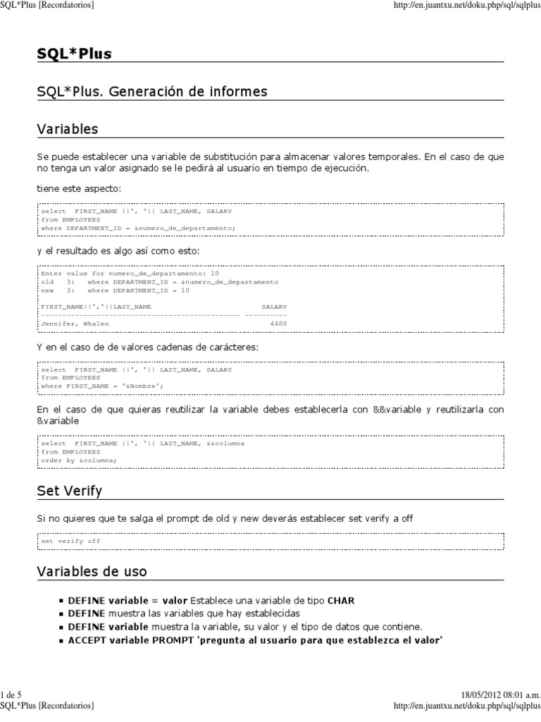 SQL Plus Comandos Ejemplos | PDF | SQL | Variable (informática)