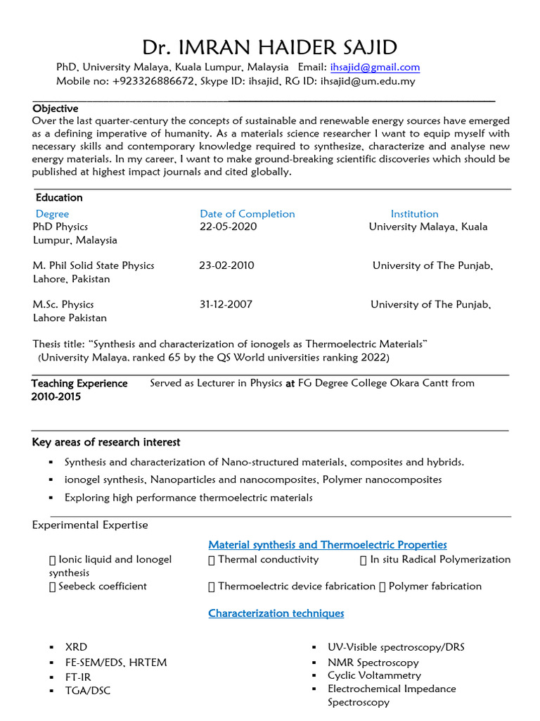 DR Imran Haider Resume | PDF | Nanocomposite | Physical Sciences