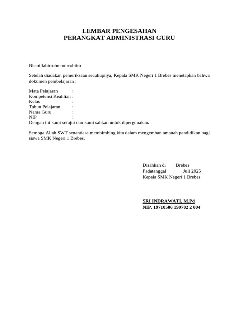 Pengesahan Dokumen Pembelajaran SMK Brebes | PDF
