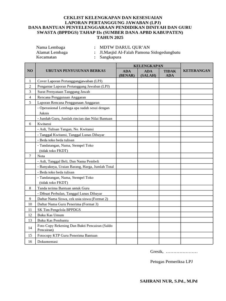 Ceklist Kelengkapan Lpj Bppdgs Tahap 2 | PDF