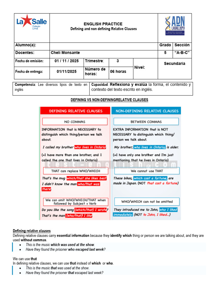 Defining Vs Non-Definingrelative Clauses | PDF | Linguistic Typology | Syntactic Relationships