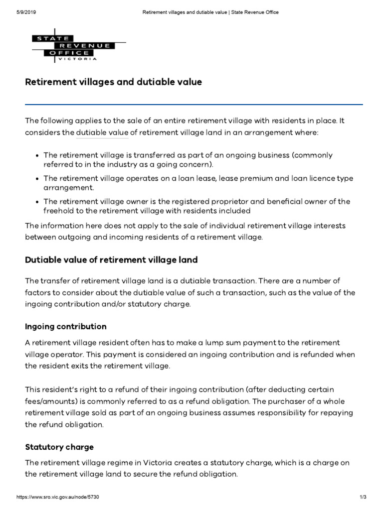 Retirement Villages and Dutiable Value - State Revenue Office | PDF ...
