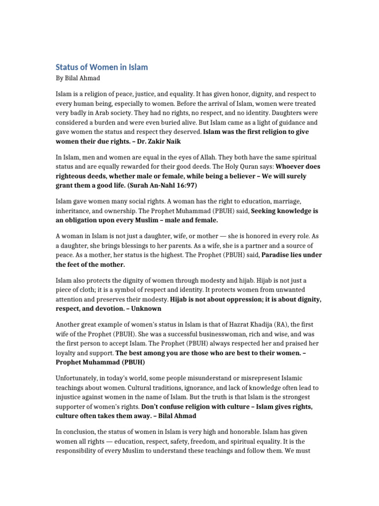 Status of Women in Islam by Bilal Ahmad | PDF | Women In Islam | Muhammad