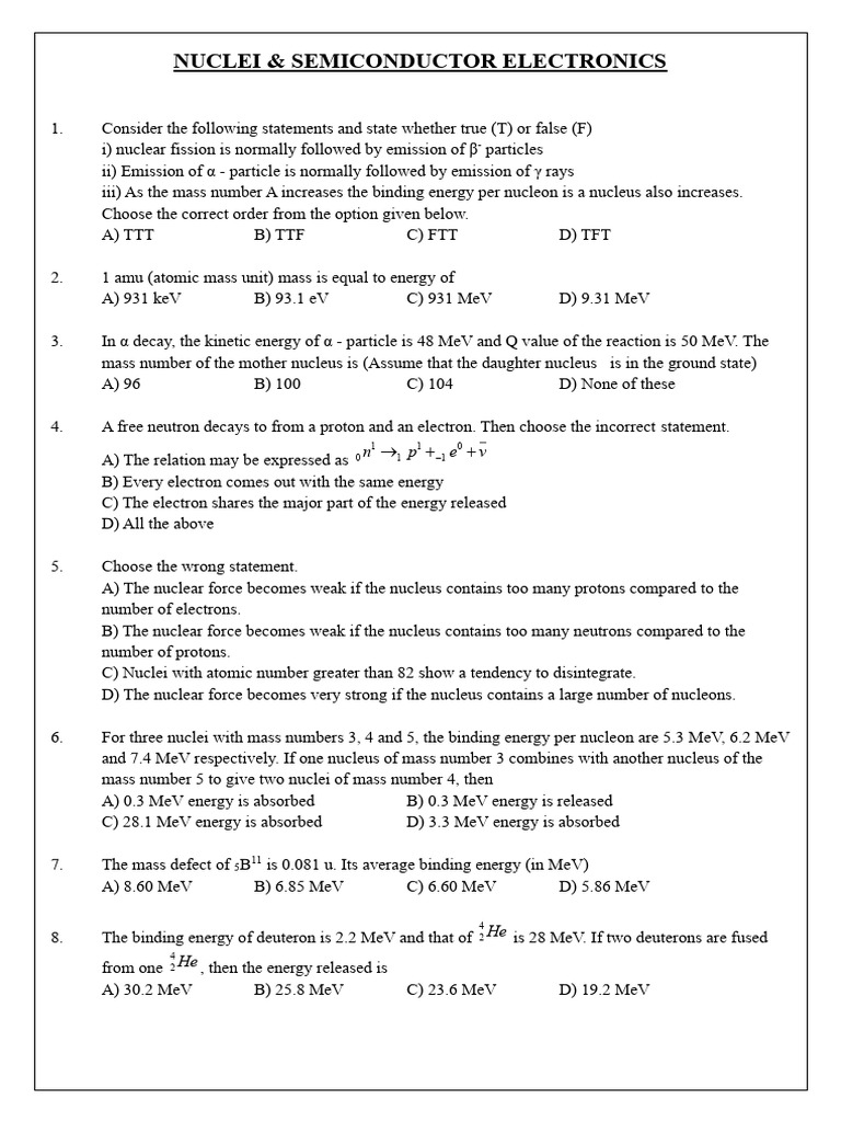 Nuclei and Semiconductor Electronics Quiz | PDF | Atomic Nucleus ...
