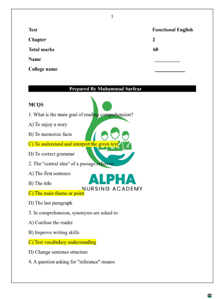 English CHP 2 Test Key | PDF