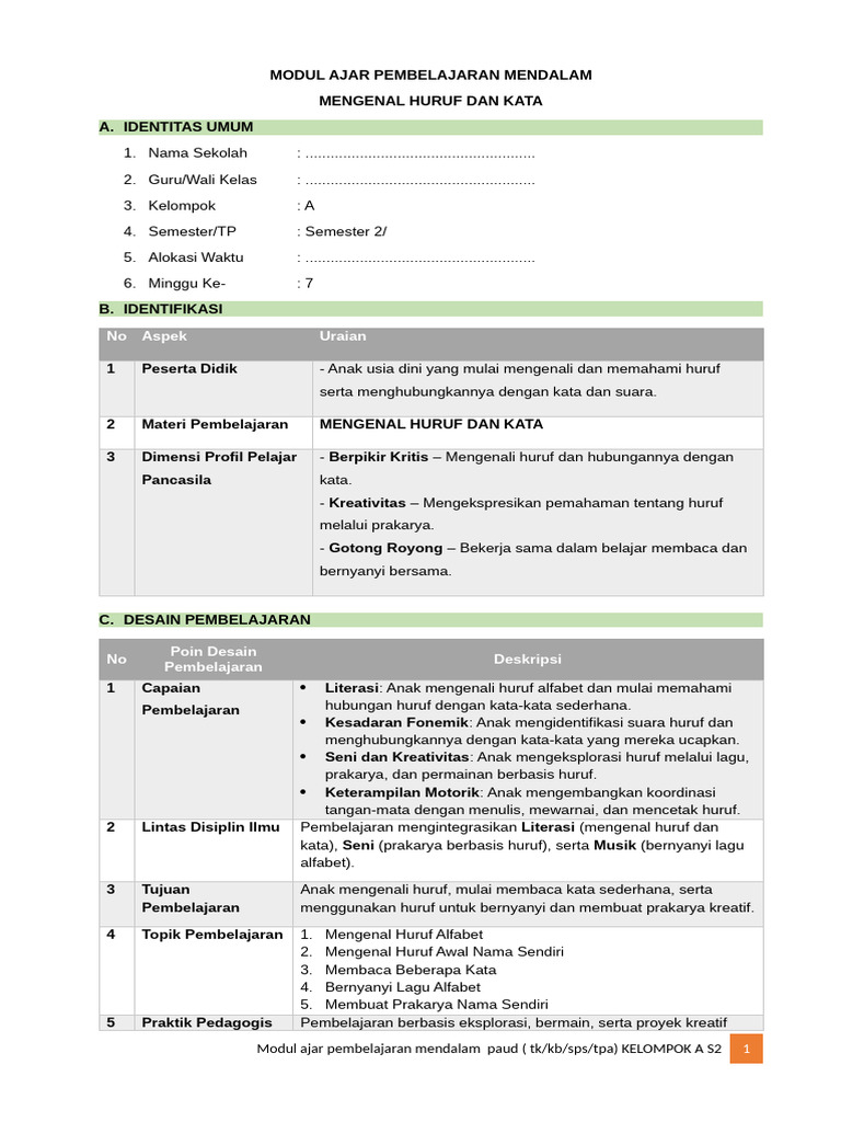 A S2 Minggu 7 Mengenal Huruf dan Kata | PDF