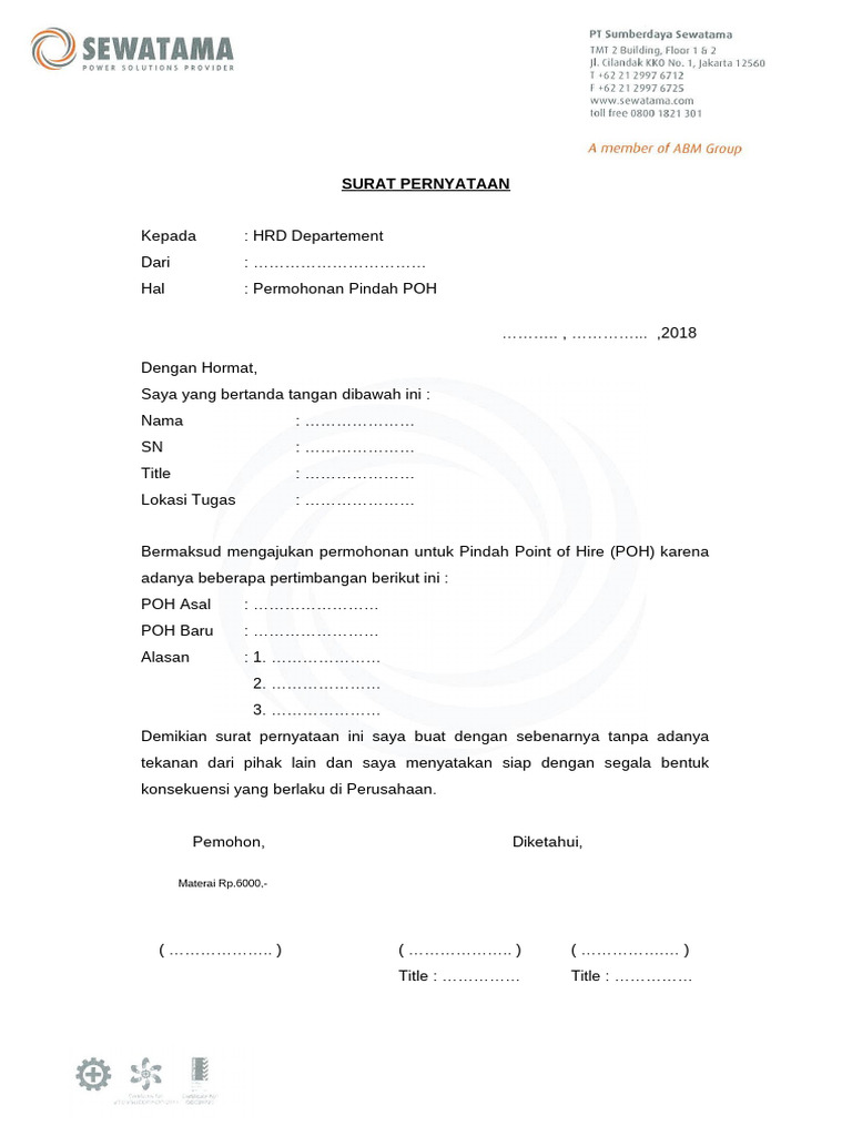 Surat Pernyataan Pindah POH | PDF