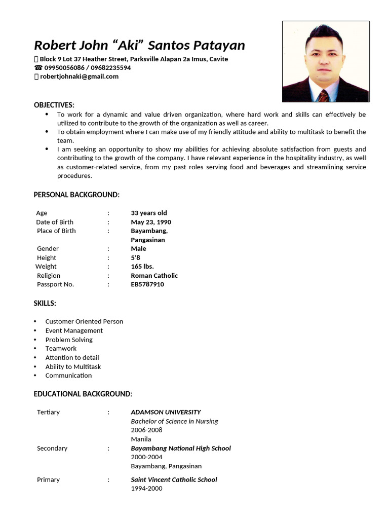 Robert John Aki Patayan - CV Updated | PDF | Waiting Staff | Menu