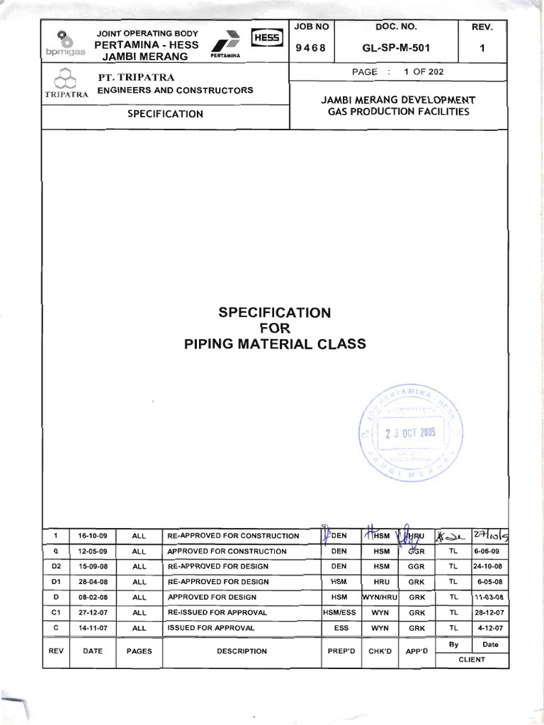 GL-SP-M-501 - Rev1 - Piping - Material - Class | PDF