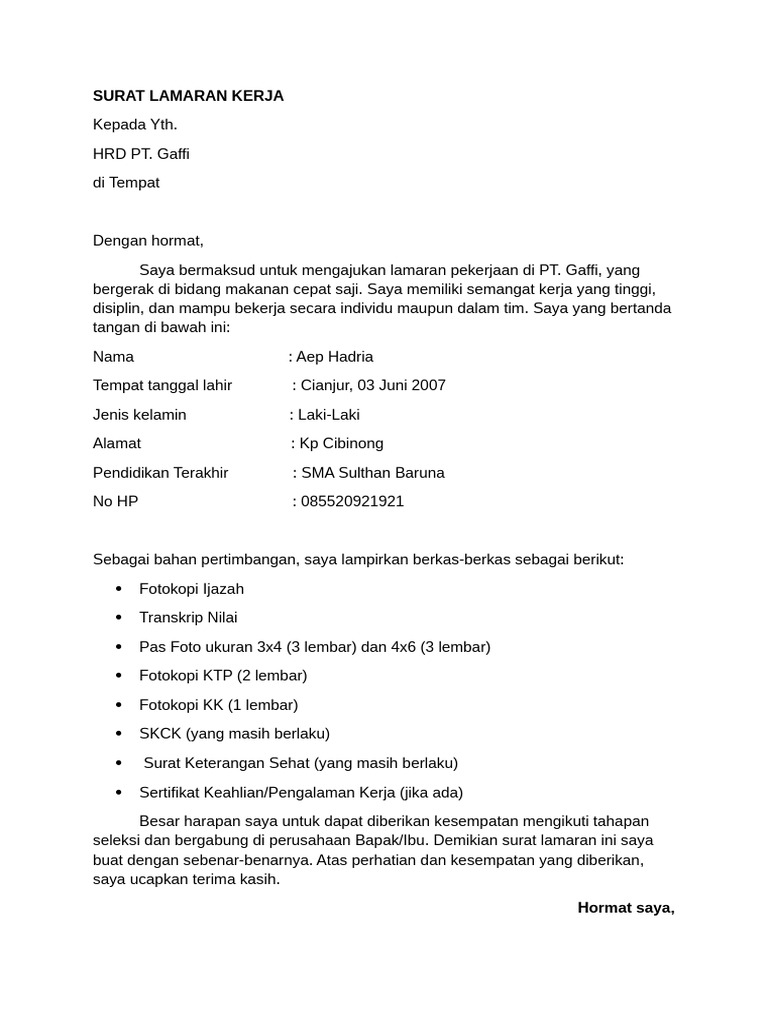 Surat Lamaran Kerja Aep Hadria di PT Gaffi | PDF