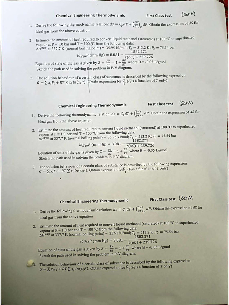 Chemical Engg Thermodynamics CT - 1 | PDF