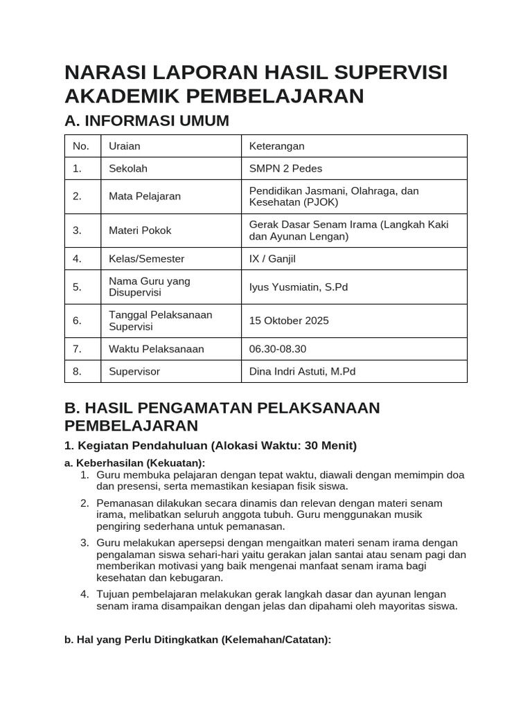 Narasi Laporan Hasil Supervisi Akademik Pembelajaran | PDF