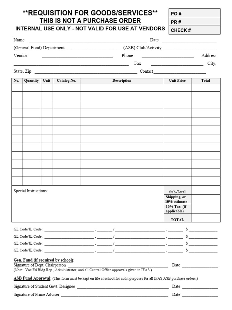 ASB Purchase Order Requisition Form - Fillable | PDF