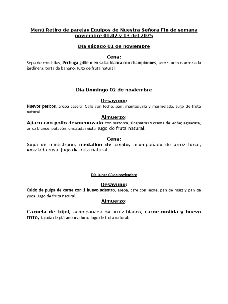 Menú Retiro de Parejas Equipos de Nuestra Señora Fin de Semana ...