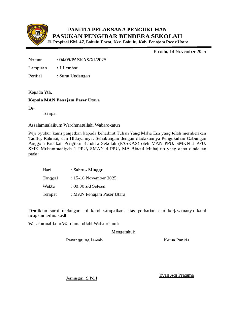 Surat Undangan Kepala Sekolah Man Ppu Kegiatan Pengukuhan 2025 | PDF