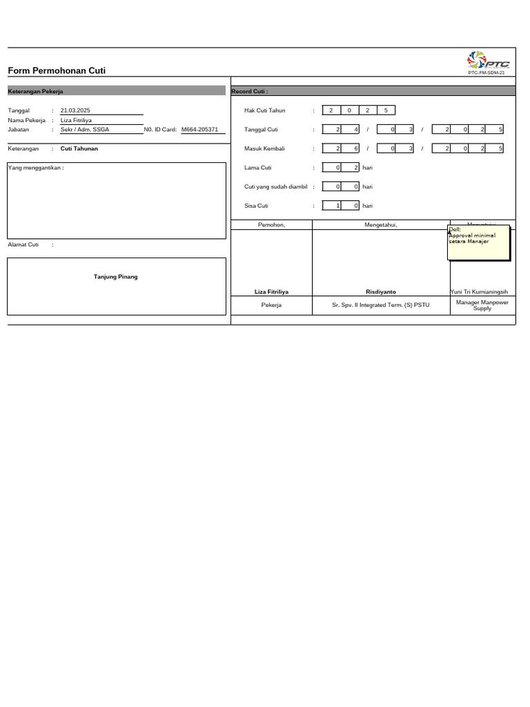 Form Cuti TAD - PTC | PDF