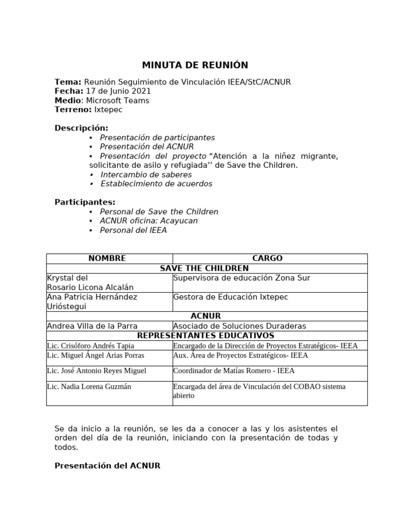 Minuta de Reunión Preescolar 20-04 | PDF | Alto Comisionado de las ...