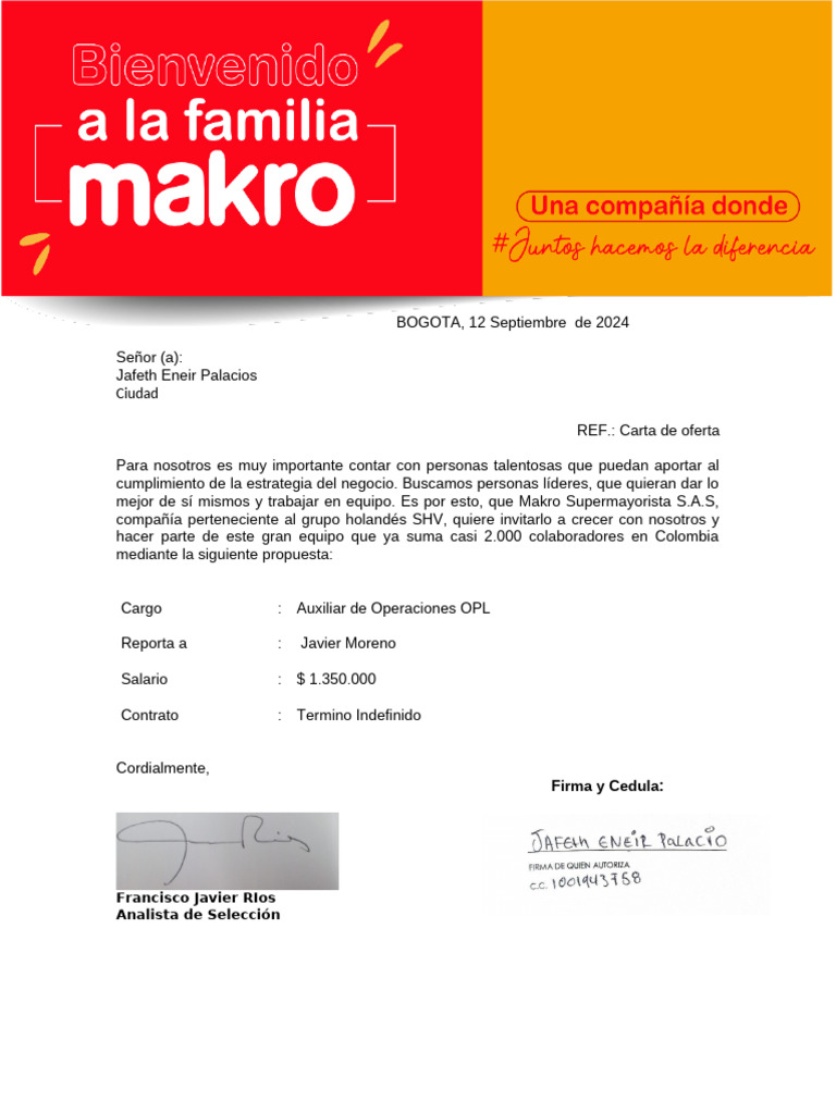 Carta Oferta Jafeth Palacio | PDF