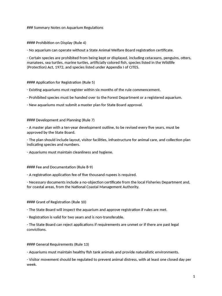 Summary Notes On Aquarium Regulations | PDF | Aquarium | Cattle