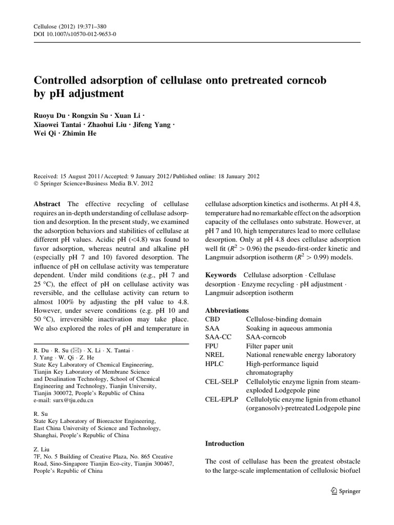 2012 DRY Cellulose 19 371-380 | PDF | Adsorption | Applied And ...