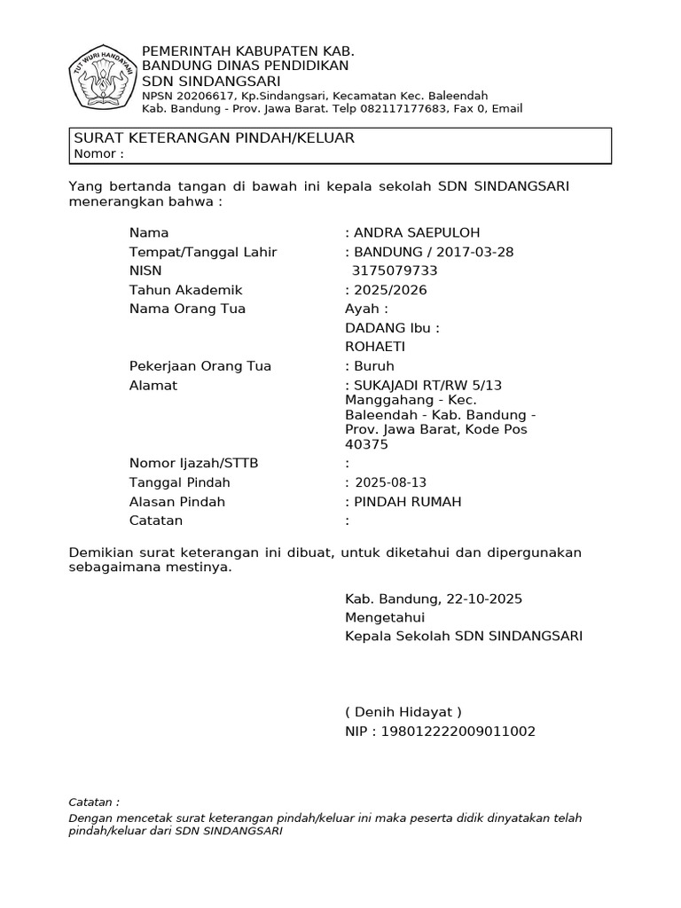 Surat Mutasi Andra Saepuloh | PDF