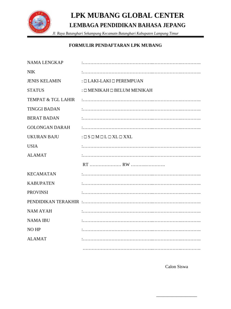 Formulir Pendaftaran LPK Mubang | PDF