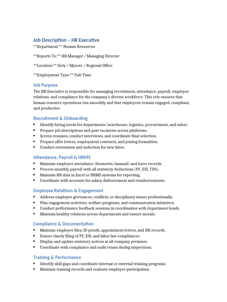 HR Executive Job Description | PDF | Human Resources | Employment