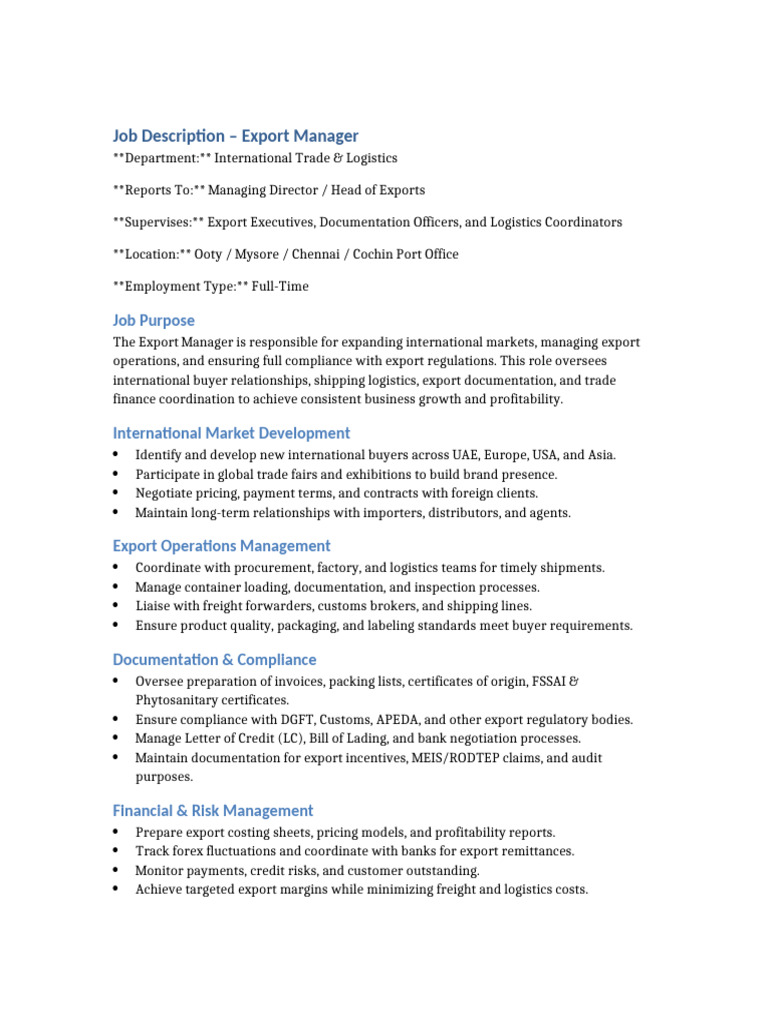 Export Manager Job Description | PDF | Logistics | Exports