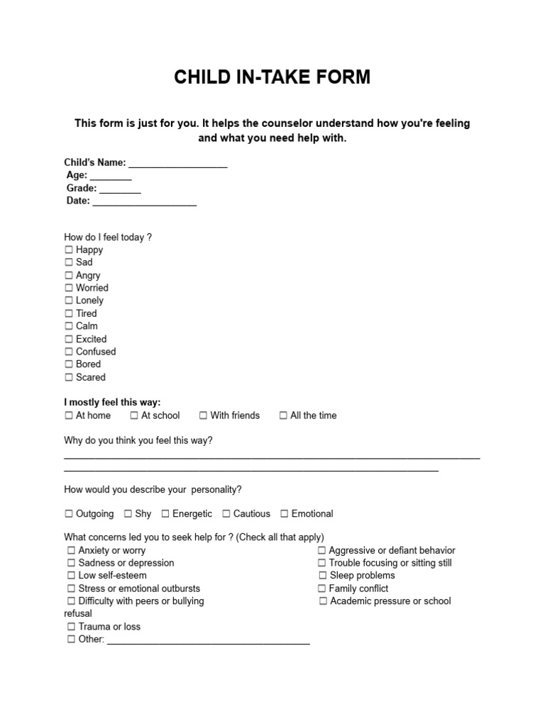 Child in-take Form | PDF | Social Psychology | Emotions