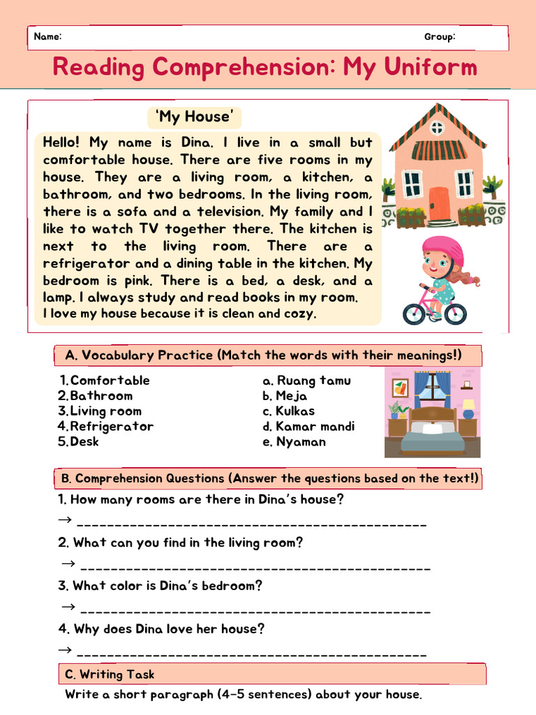Green and White Illustrative Reading Comprehension My Uniform Worksheet ...
