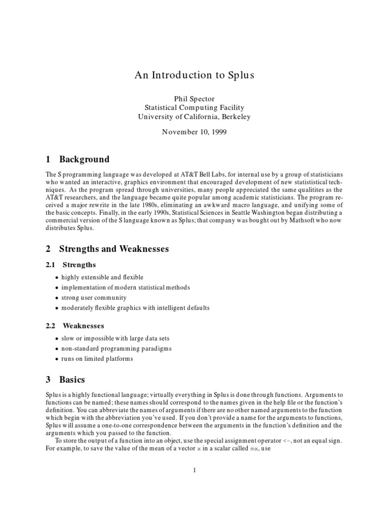 An Introduction To Splus: 1 Background | PDF | Matrix (Mathematics) | Parameter (Computer ...