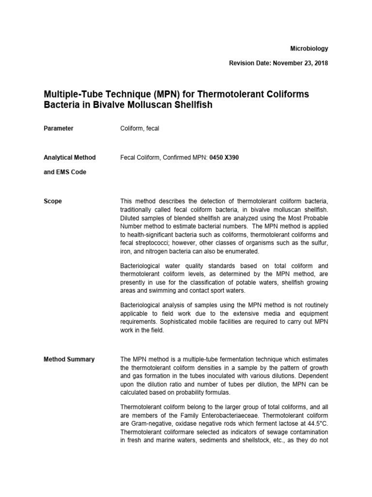 MPN Method for Coliforms in Shellfish | PDF | Bacteria | Organisms