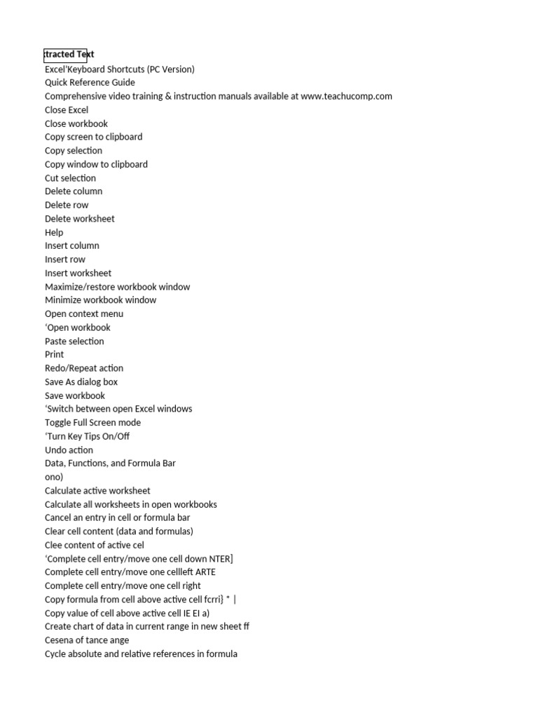Excel Keyboard Shortcuts Raw | PDF | Microsoft Excel | Computer Keyboard