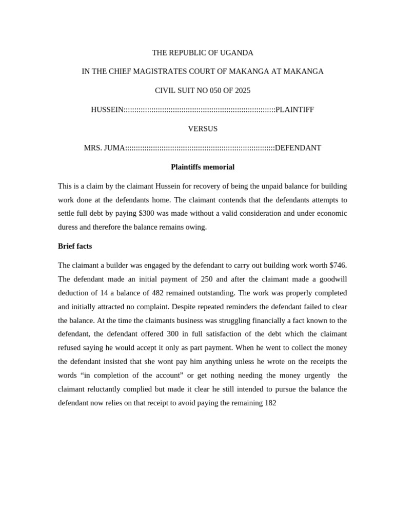 Uganda Civil Suit: Builder's Debt Claim | PDF | Common Law | Justice