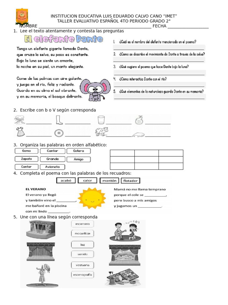 Evaluacion Español 4to Periodo | PDF
