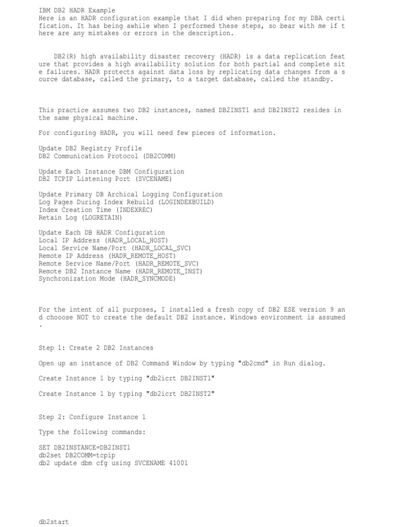 Configuring High Availability Disaster Recovery (HADR) Between Two DB2 Database Instances | PDF ...