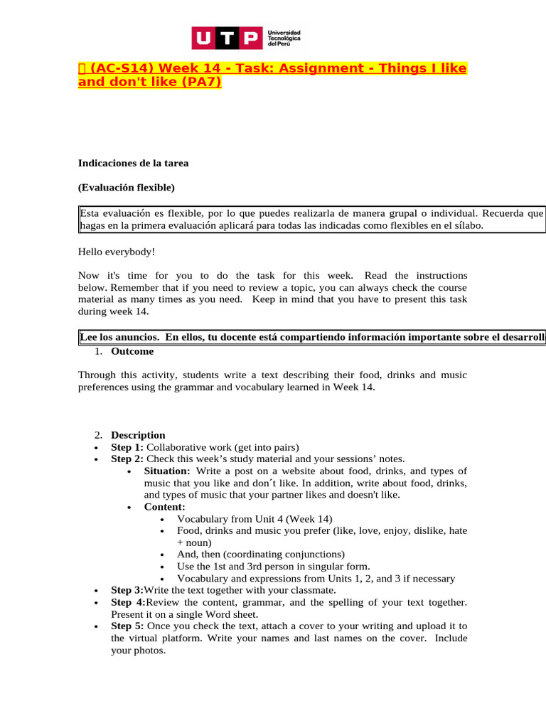 ? (AC-S14) Week 14 - Task Assignment - Things I like and don't like (PA7) - (INGLES 1) | PDF ...